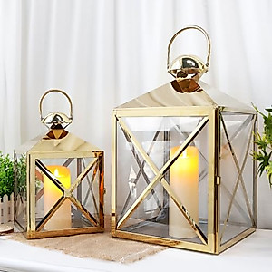 TRIROCKS Set of 2 Stainless Steel Candle Lanterns-19x12''&13x8'' High, Elegant Outdoor Metal Candle Holders with Tempered Glass for Home Decor, Living Rooms, Parties, and Indoor/Outdoor Events (Gold)