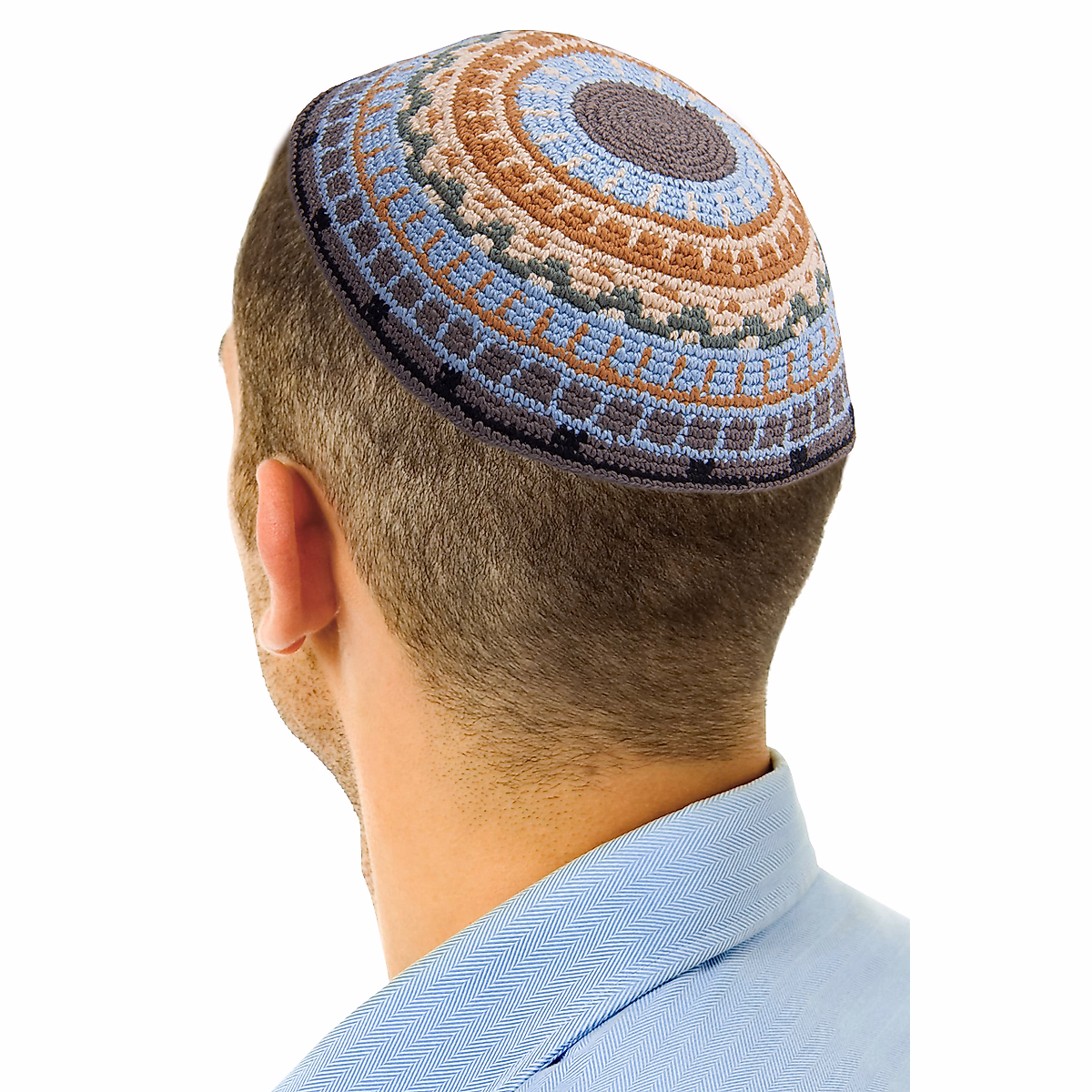 HolYudaica Hand Made 100% Cotton DMC Hand Knitted Kippah Hat Designed in Israel, Yamaka Jewish Hats for Men, Yarmulke Hat (Blue Grey, 19cm-7.5inch-Flat)