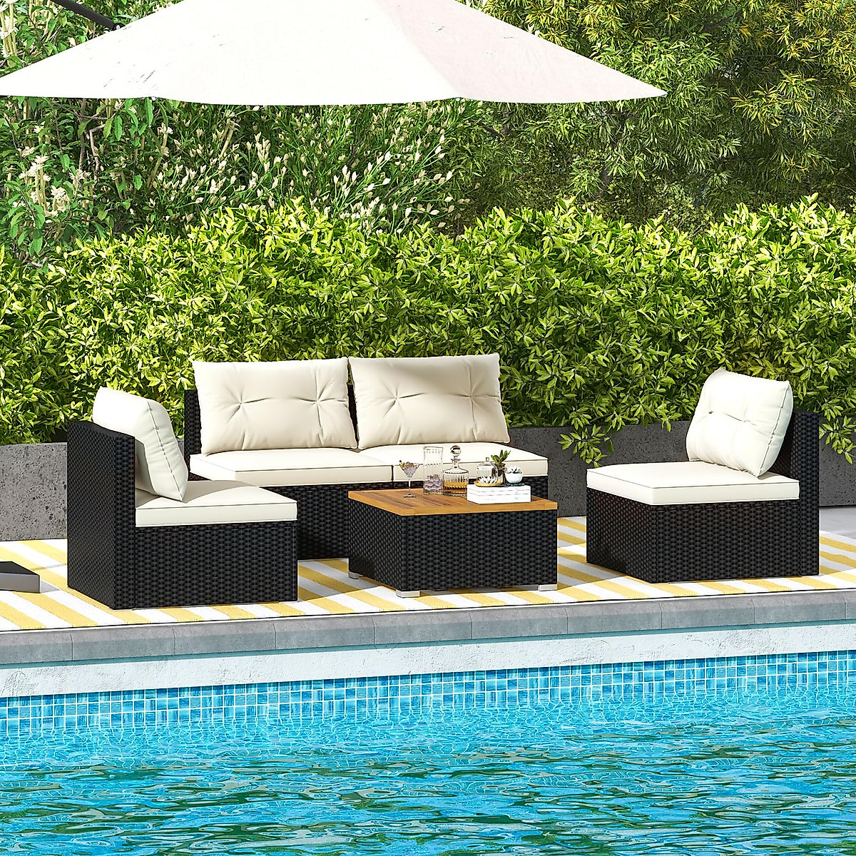 Tangkula 5 Piece Rattan Sofa Set, Patiojoy Outdoor Wicker Furniture Set with Seat & Back Cushions, Square Coffee Table, Patio Sectional Sofa Set for Backyard, Poolside, Garden