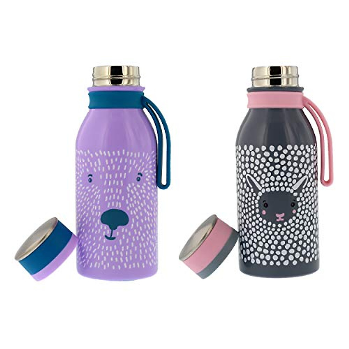 reduce Stainless Steel Hydro Pro Kids Water Bottle, 14oz - Vacuum Insulated Leak Proof Water Bottle for Kids - Great for On the Go and Lunchboxes - Furry Friends Design, Purple Bear and Grey Sheep