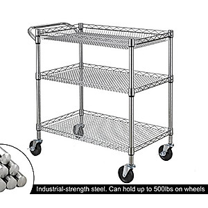 Finnhomy 3 Tier Heavy Duty Commercial Grade Utility Cart, Wire Rolling Cart with Handle Bar, Steel Service Cart with Wheels, Utility Shelf Plant Display Shelf Food Storage Trolley, NSF Listed