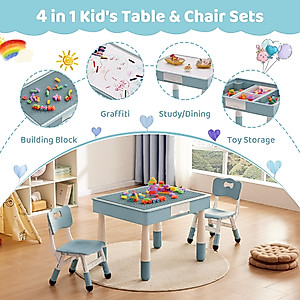 DOREROOM 4 in 1 Kids Table and 2 Chairs Set with Storage, Toddler Table and Chair Set for Kids Ages 3-10, Graffiti & Building Blocks Double-Sided Tabletop (Grayish Blue, 2 Chairs)