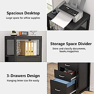 Tribesigns 3 Drawer File Cabinet for Letter Size, Modern Vertical Filing Cabinet Printer Stand with Metal Wire Storage Shelves for Home Office(Black)
