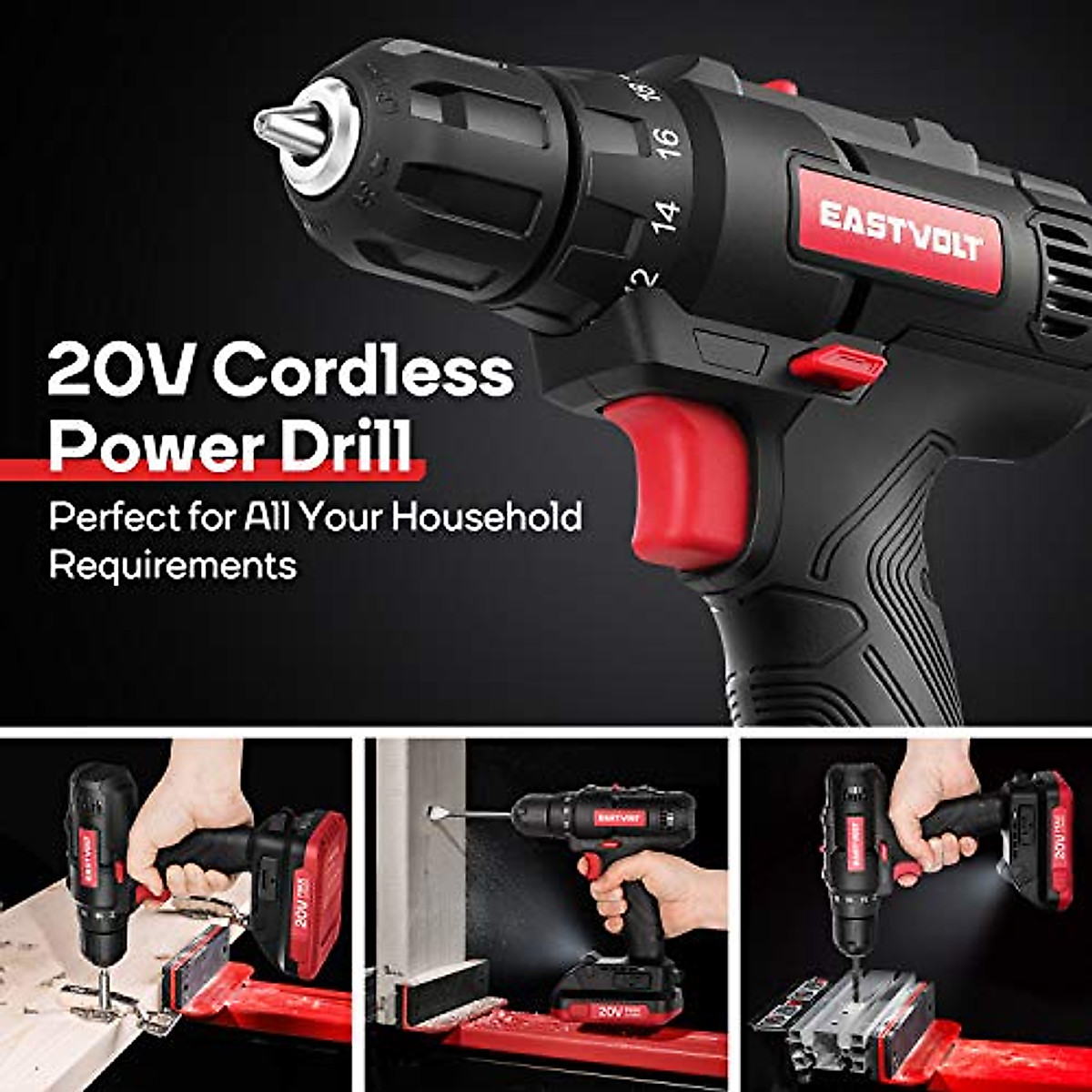 Eastvolt 20V Max Cordless Power Drill Driver Kit & Home Tool Kit, Max 310in.lbs. 18+1 PoisitionTorque Drill For Metal, Wood, Plastics, 168 Pieces tool with case For General Household (EVCD168S)