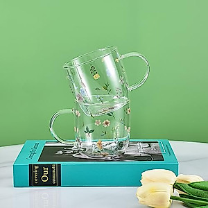 Koythin Flowers Coffee Glass Mug, Cute Espresso Cup, Drinking Glasses Breakfast Cups with Handle, 12oz Perfect for Coffee Juice Tea Latte Cappuccino (Green Leaf Pink Flower)