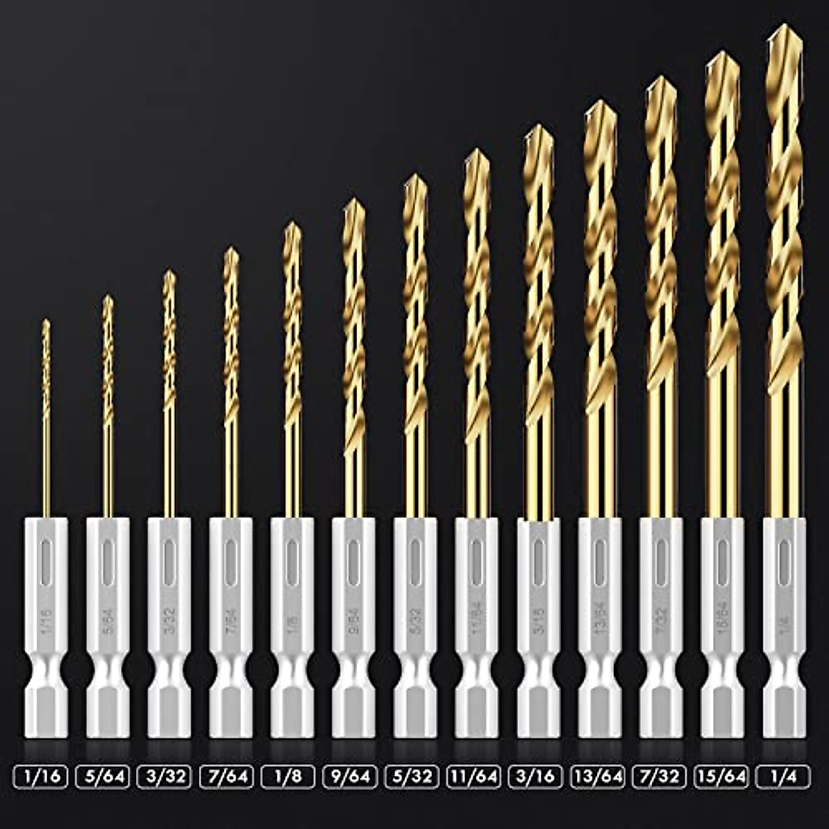 MACXCOIP Hex Shank Drill Bit Set, 13Pcs HSS Titanium Twist Drill Bit for Sheet Metal, Wood, Plastic, Quick Change Design (1/16" - 1/4")