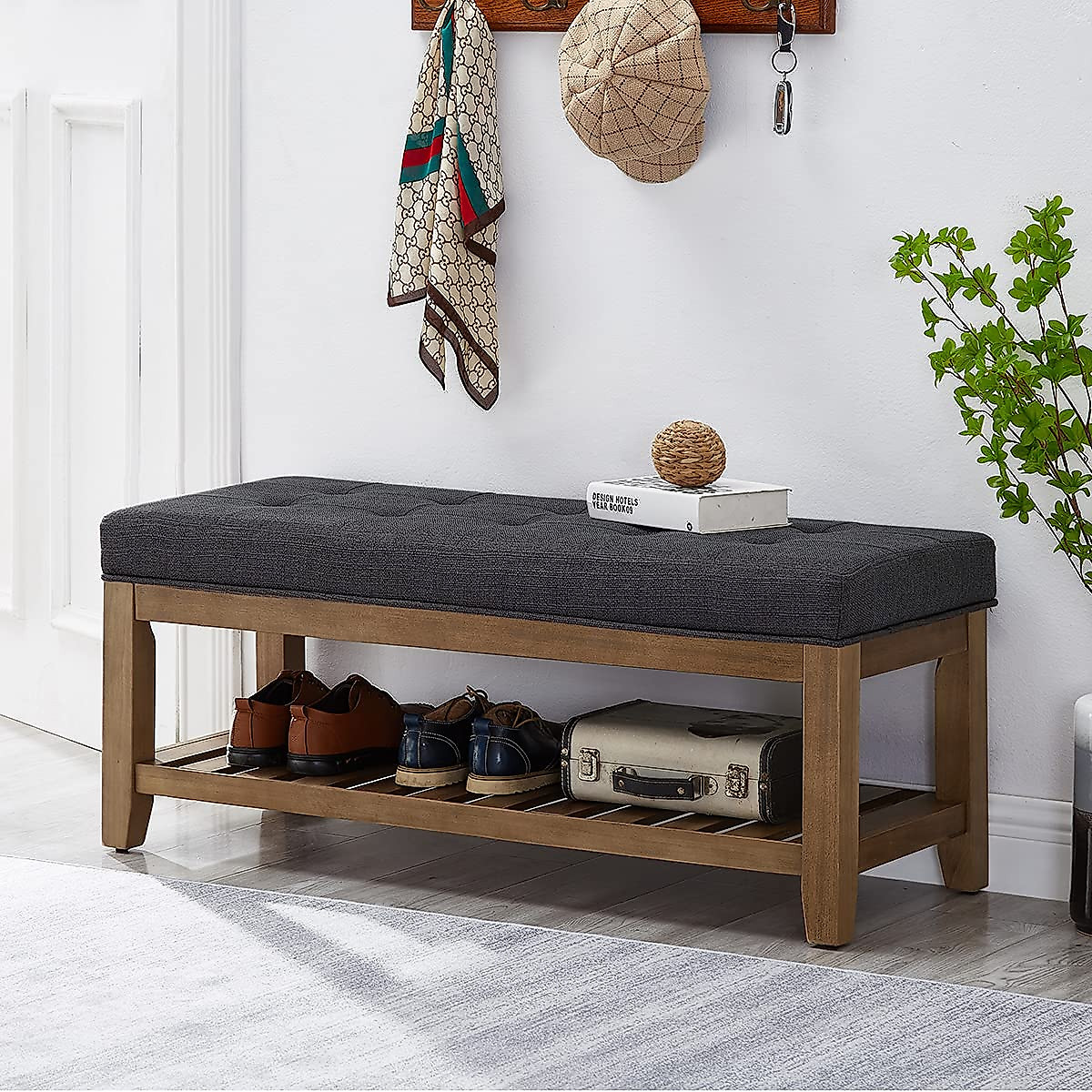 24KF Large Rectangular Upholstered Tufted Linen Fabric Ottoman Bench, Padded Bench with Solid Wood Shelf-Charcoal