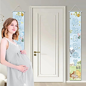 Classic Winnie Porch Sign for Boys Baby Shower Party the Winnie Bear Themed Yard Banner Blue Winnie Bear Party Decorations Polyester Welcome Door Hanging Decor Windproof Party Supplies 2PCS 12"X71"