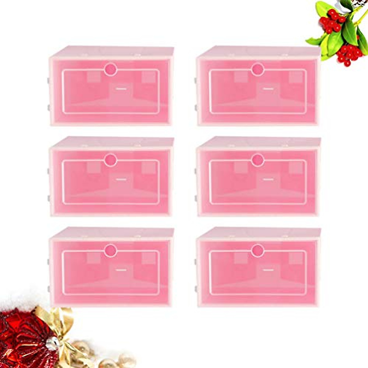 Cabilock 6pcs Transparent Pink Shoe Box Stackable Foldable Storage Shoe Box Clear Plastic Shoe Boxes Dust Proof Shoes Boxes for Home Room Sneakers High Heels Slippers