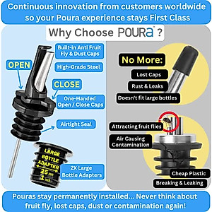 3-in-1 Liquor Pour Spout with Built-in Fruit Fly Protection - Dishwasher Safe Hygienic Alcohol Speed Spouts - Also for Olive Oil, Juice, Syrup. Black 2 Pack with 2 Adapters for Large Neck Bottles