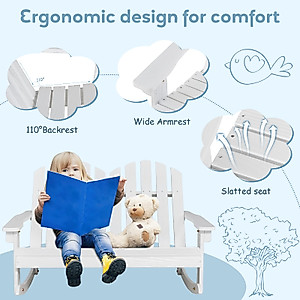 Giantex 2-Person Adirondack Rocking Chair - Kids Outdoor Rocking Bench with Slatted Seat, High Backrest, 220LBS Weight Capacity, Patio Rocker for Balcony, Yard, Poolside (1, White)
