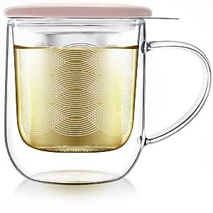 Teabloom Tea-For-One Steeping Mug – Insulated Double Wall Glass Mug (12 oz), Stainless Steel Infuser, Porcelain Lid/Coaster – Great For Brewing Loose Leaf Tea