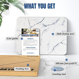 Plentio Quick Dry Stone Drying Mat for Kitchen Counter, Water-Absorbent Diatomaceous Dish Drying Mats, Multi-Purpose Stone Drying Tray for Cups Dishes Bottles, Ivory-Marble, 15.7"L x 11.8"W