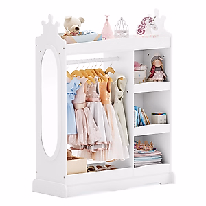 Curipeer Kids Dress up Storage with Mirror, Kids Wardrobe with 3 Hooks, Kids Closet for Girls Boys, Kids Armoire Costume Organizer for Bedroom, White