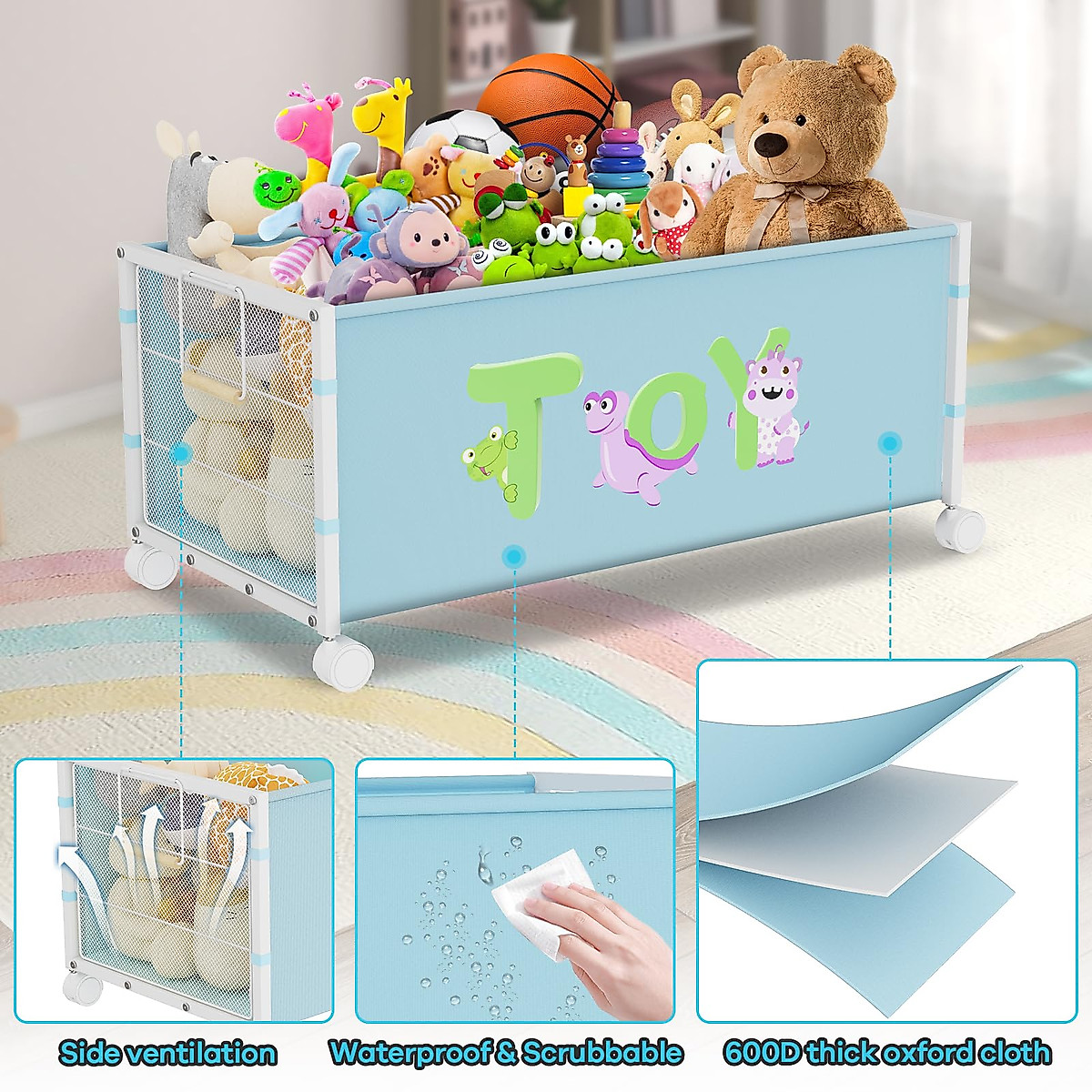 JBBTOOL Large Toy Box Storage, Kid Toy Chest with 360° Wheels, Oxford Cloth Metal Toy Box for Boys, Girls, Stuffed Animals, Clothes, Bedroom, Living Room