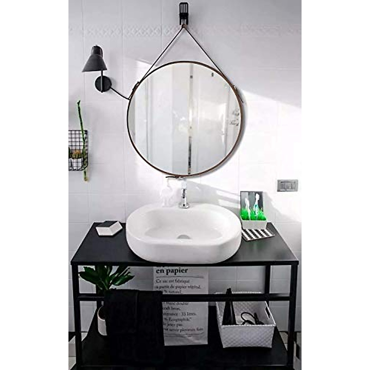 HofferRuffer Round Wall Mirror Decorative Mirror, Hanging Mirror with Hanging Strap Silver Hardware Hooker/Hanger, Diameter 23.6 inch, Brown-L