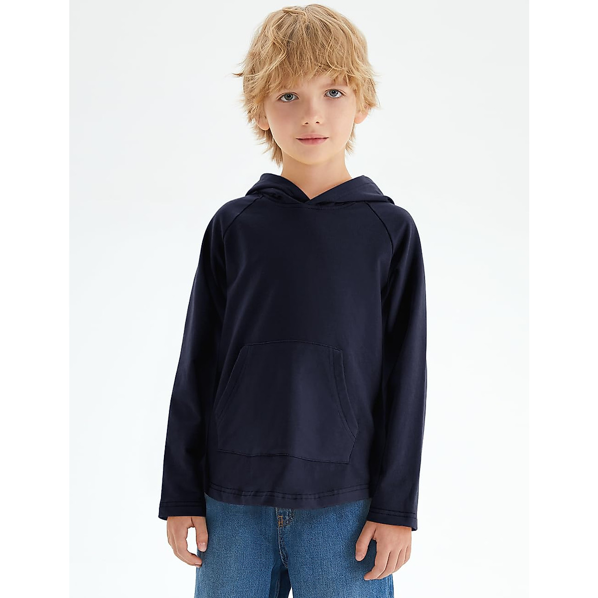 Spring&Gege Boys Light Weight Long Sleeve Hooded T-shirt Casual Solid Pullover Hoodie with Pocket, Navy, 9-10 Years