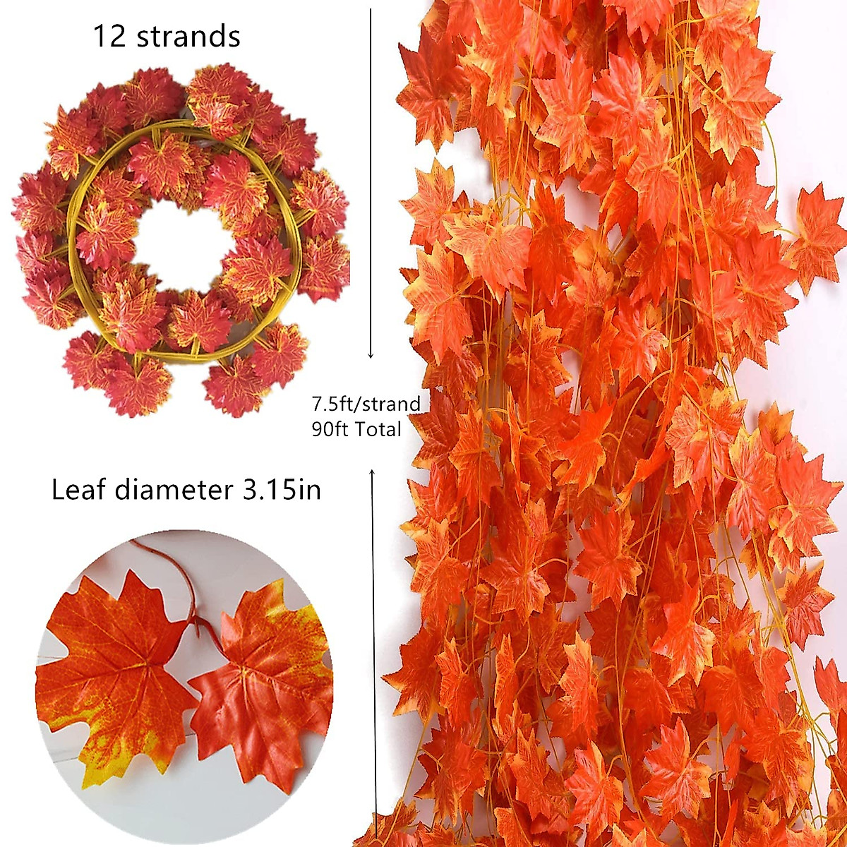 12 Pack Fall Leaves Leaf Garland Hanging Vines Artificial Maple Thanksgiving Decor for Home Wedding Fireplace Party Bedroom Kitchen Restaurant DIY Christmas Table Decorations Flower Garden