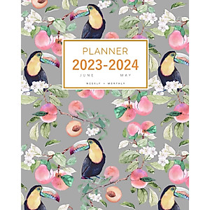 Planner 2023-2024: 8x10 Weekly and Monthly Organizer Large from June 2023 to May 2024 | Vintage Rose Wildflower Berry Design Gray