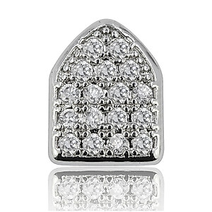 JINAO 18k White Gold Plated Single Tooth Hip Hop Bling Cap Canine Teeth CZ Iced-out Grillz (Silver)