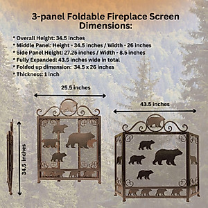 BestGiftEver 3-Panel Fireplace Screen Decorative with Sloth of Bears Design - Stand Alone Fireplace Cover Metal Mesh Screen - Home Decorative Firescreen for Cabin, Wildlife, and Woodland Theme