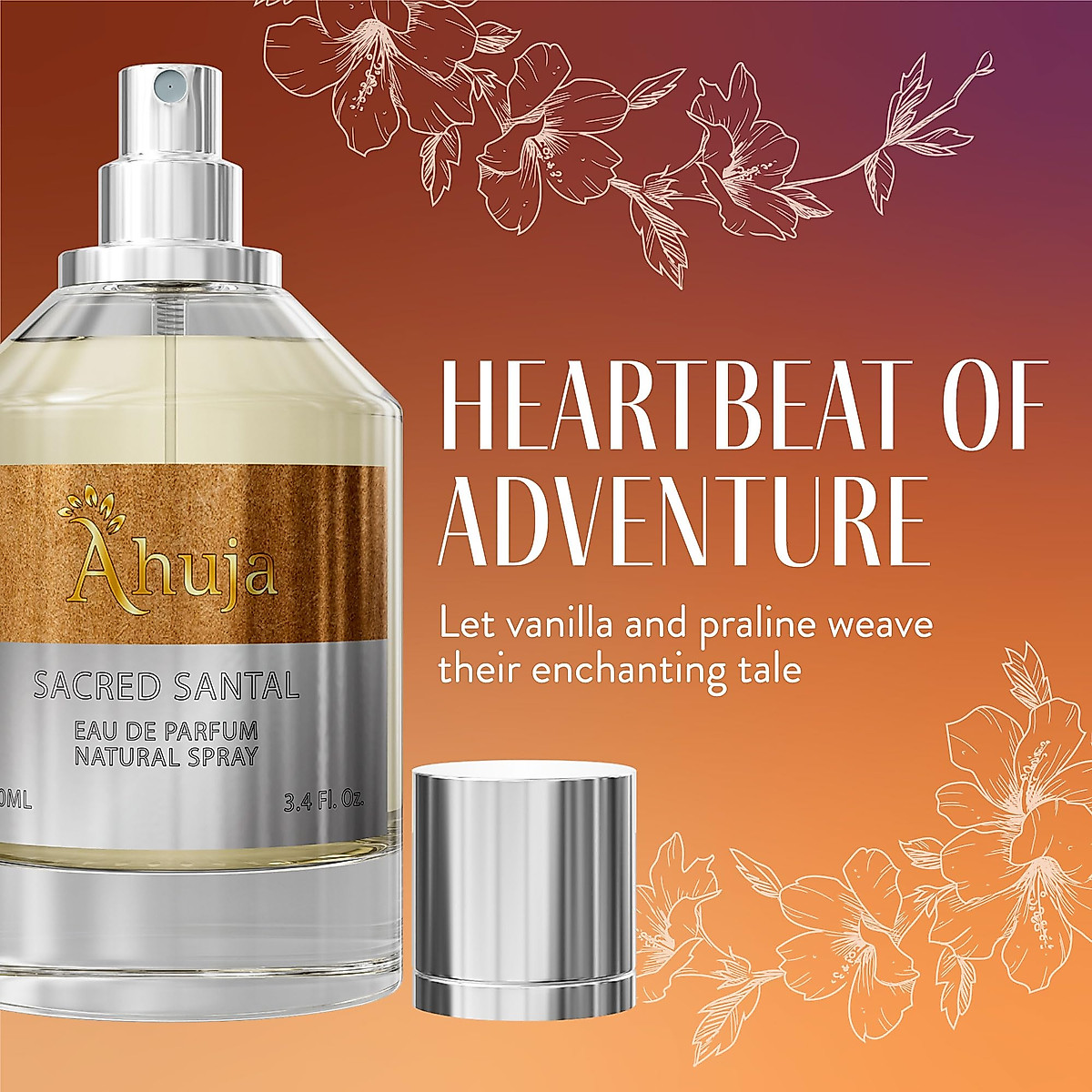 AHUJA Sacred Santal Eau de Parfum 3.4 fl oz -Unisex Perfume,Sandalwood,Violet Leaves and Cardamom,Earthy Woody Scent w/Spicy Notes,Best Alternative for Santal 33