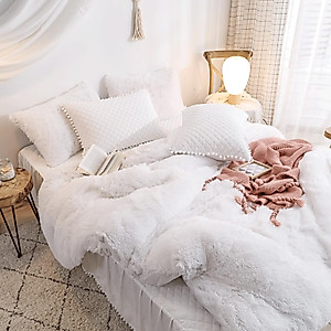 HAIHUA White Faux Fur Comforter Cover Queen Size - Fluffy Luxury Ultra Soft Plush Comforter 3 Pieces (1 Shaggy Duvet Cover + 2 Pillow Shams) Faux Fur Fuzzy Bedding Set (White, Queen)