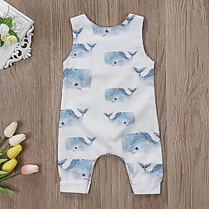 Pudcoco Toddler Baby Boy Girl Romper Summer Clothes Sleeveless Cartoon Animals Print Cropped Jumpsuit Bodysuit (12-18 Months,White Whales)