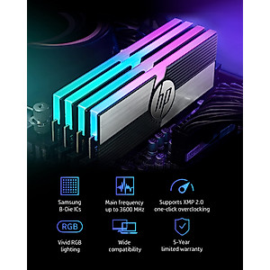 HP V10 RGB 32GB (16GBx2) Gaming RAM 3200 MHz DDR4 CL14 1.35V Desktop Computer LED Memory Kit - 48U45AA#ABC