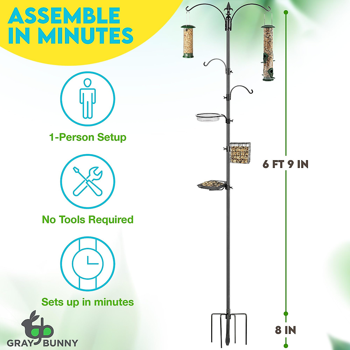 4 Hooks Bird Feeder Pole, 91 Inches Tall Bird Feeder Poles for Outdoors Heavy Duty, Multi Bird Feeder Stand with Bird Bath, Mesh Tray & Suet Cage, 5 Prong Base Bird Feeding Station for Outside