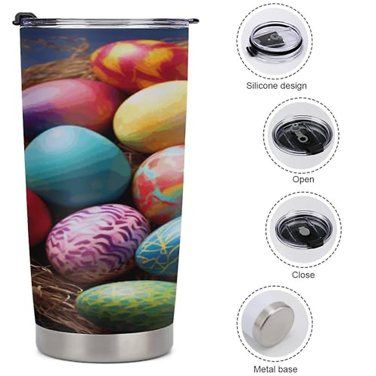 FHENMSA Reusable Plastic Water Cups with Lids,Easter Day Colorful Eggs Print Anti-overflow Cup,sports Travel Coffee Cup