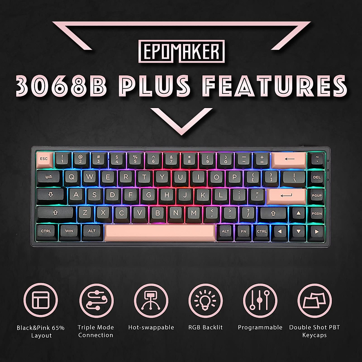 EPOMAKER 3068B Plus Black & Pink 65% Hot-Swap 2.4Ghz Wireless/Bluetooth/Wired Mechanical Gaming Keyboard with RGB Backlight, Double-Shot PBT Keycaps for Gamers/Mac/Win(CS Jelly Pink