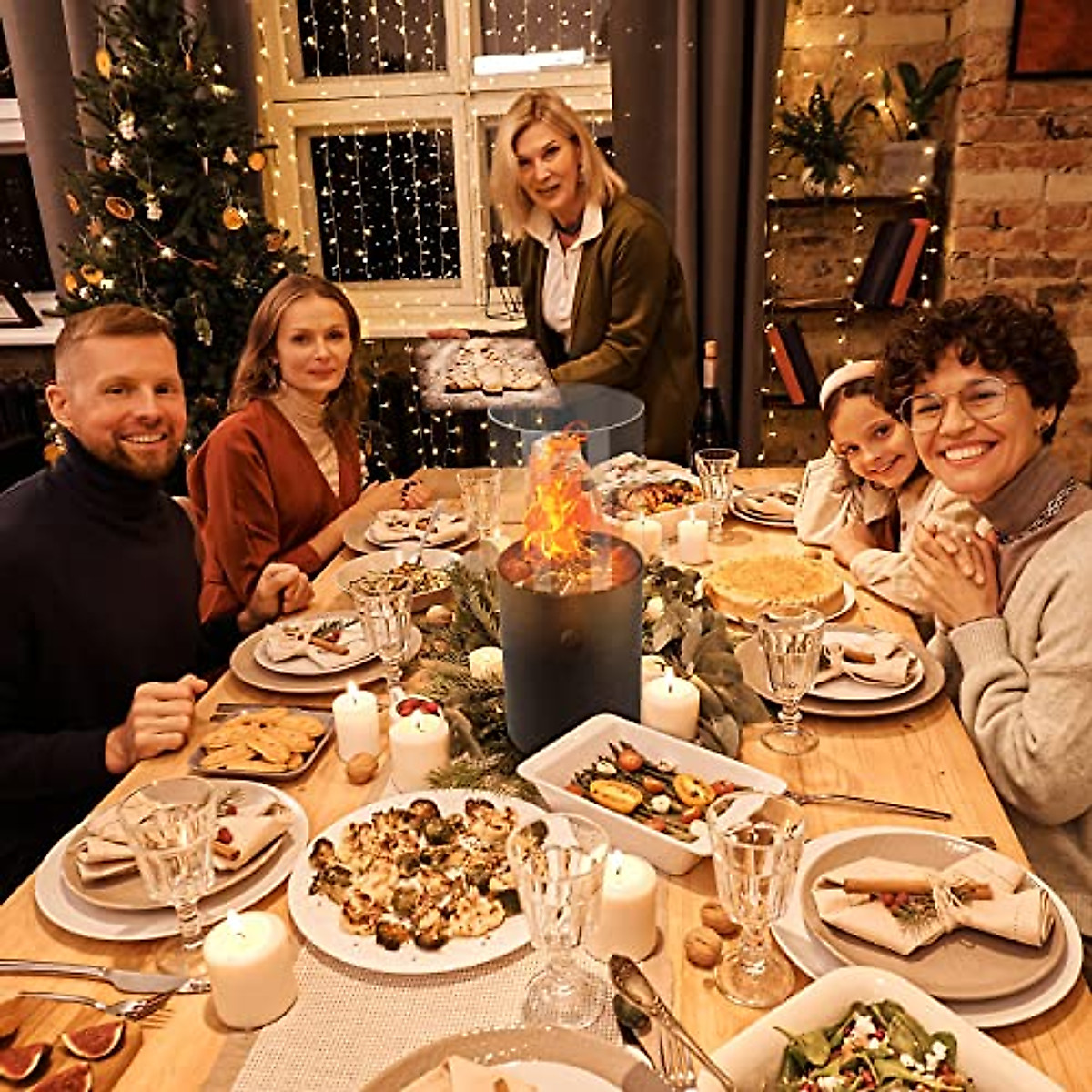 KOMAN Tabletop Fire Pit,Isobutane Gas Propane Portable Tabletop Fireplace,Outdoor Round Mini Fire Pit Bowl with Pebbles for Balcony Garden, Patio Heating, Bonfire and Picnic (Gas Not Included)