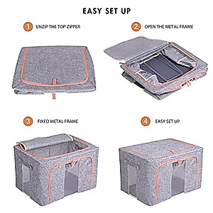 Tasmegol Foldable Clothes Storage Bins Stackable Steel Frame Closet Containers Organizer Bags Linen Cloth Clothing Box for Sweater Bedding Blanket（Grey 3 Pack 66L）