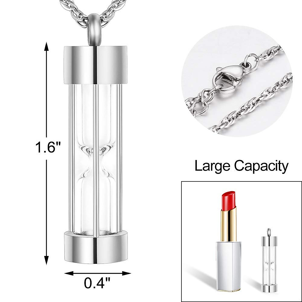 abooxiu Hourglass Ashes Necklace for Men for Women Urn Necklace for Ashes Stainless Steel Memorial Keepsake Cremation Jewelry Ashes Holder - Silver