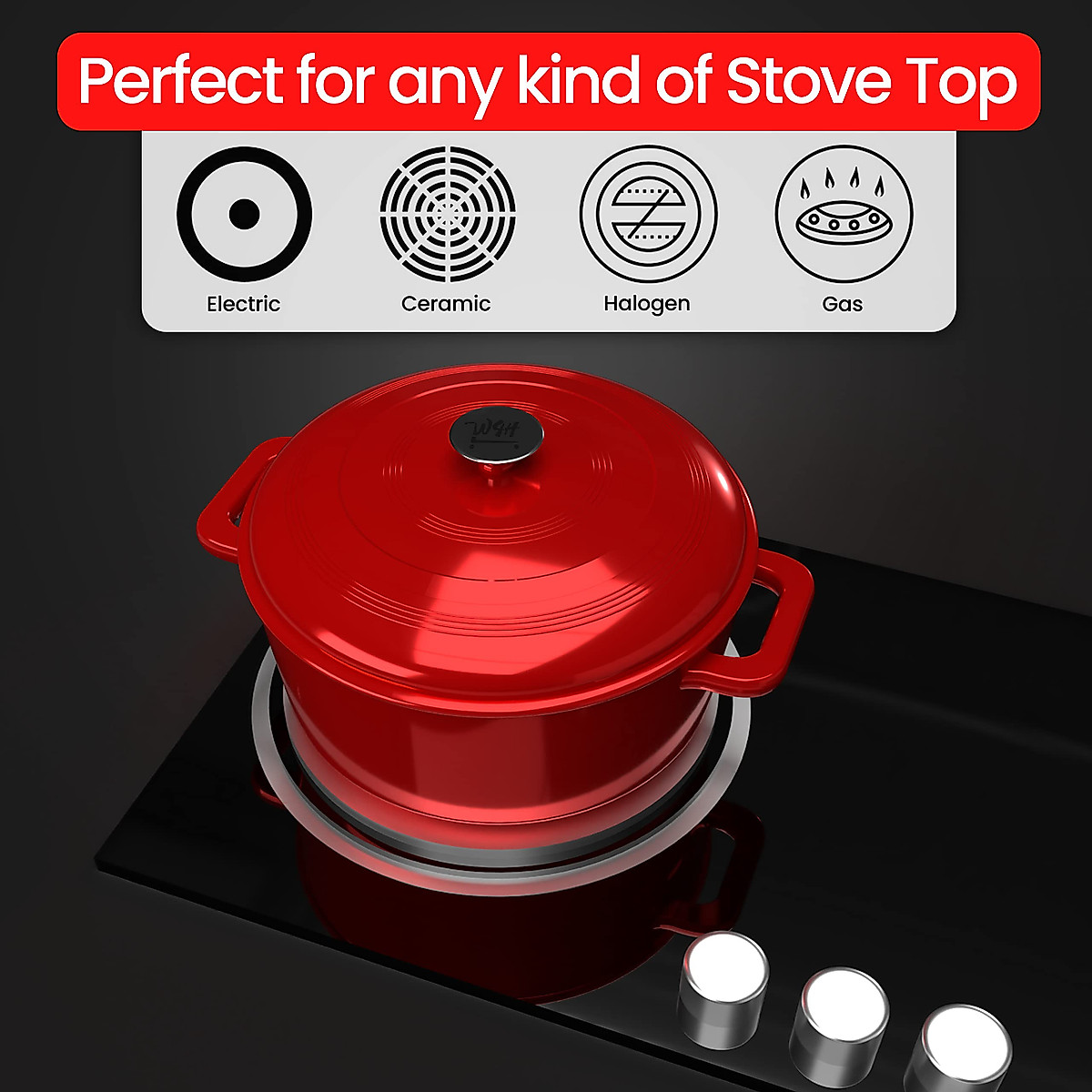 W4H 6-Quart Enamel Dutch Oven - Non-Stick Cast Iron Pot with Lid for Braising, Stewing, Boiling, Bread Baking - Heat Safe up to 500°F - Multiple Colors Available