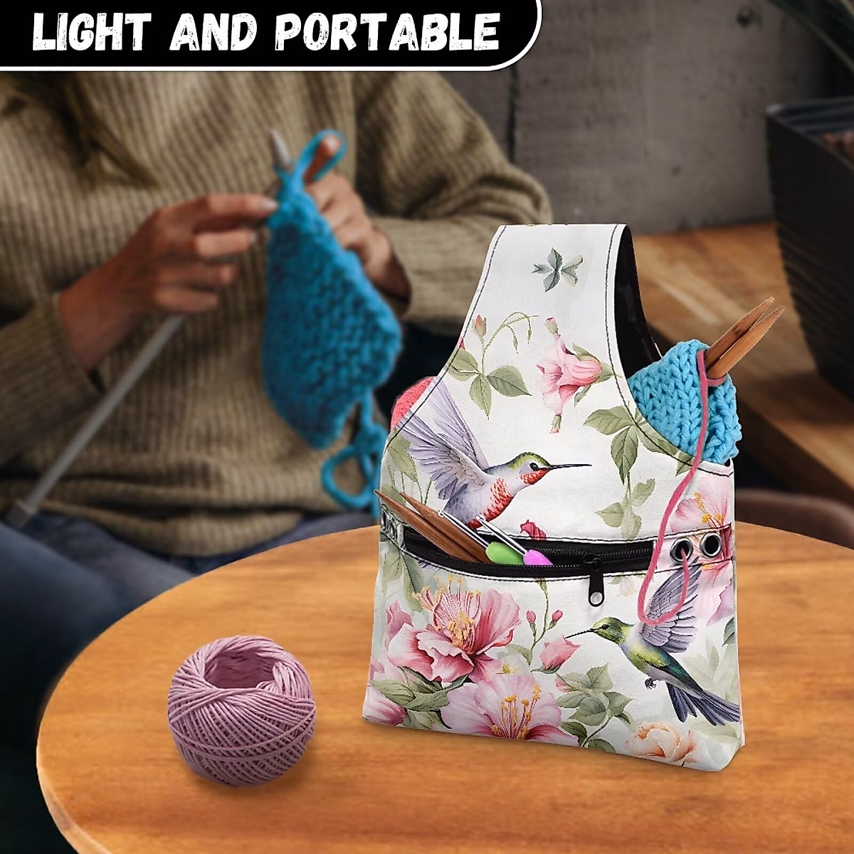 ZUXONGSY Hummingbird Knitting Tote Bag Floral Yarn Bags for Crocheting Organizing Portable Knitting and Crochet Supplies,Small