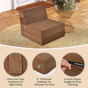 RELAX4LIFE Folding Sofa Bed Chair - 3-in-1 Convertible Couch Sleeper, Floor Futon Couch w/Removable Cover & Full Padded Foam, Fabric Guest Sleeper Chair for Living Room, Study, Apartment (Brown)