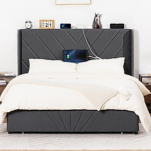 COMHOMA Bed Frame Queen Size with Type-C & USB, Queen Size Bed Frame with 3 Storage Drawers, Upholstered Bed Frame Queen with Wingback Headboard, Steel Slats Support, Dark Grey