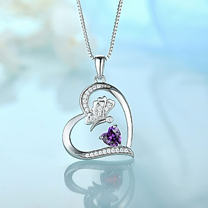 FJ Heart Butterfly Necklace for Women 925 Sterling Silver Amethyst Necklace February Birthstone Pendant Jewelry Gifts for Wife Girlfriend Mom Daughter
