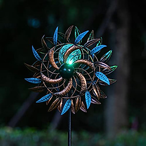 Solar Wind Spinners, Solar Wind Spinner with Metal Garden Stake, Solar Powered Glass Ball Garden Pinwheels, with Kinetic Wind Spinner Dual Direction for Yard and Garden