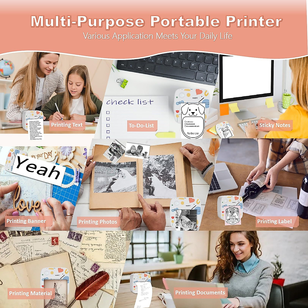 DOLEWA Mini Sticker Printer, Portable Thermal Inkless Sticker Maker with 8 Rolls Coloed Paper & 12 Pens, Wireless Thermarote Printers for Photos, Study Notes, Scrapbook, Journal, Memo (Doodle)