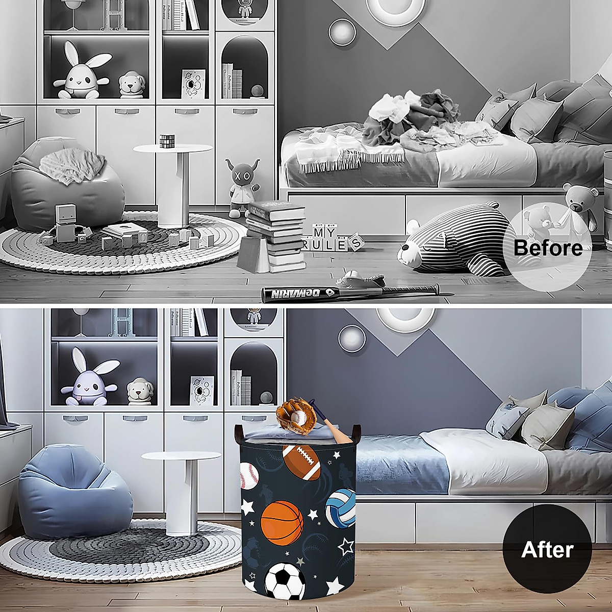 Clastyle 63L Large Sport Balls Kid Laundry Hamper with Handle for Boy Collapsible Clothes Toy Storage Basket with Lid for Bedroom Bathroom Nursery