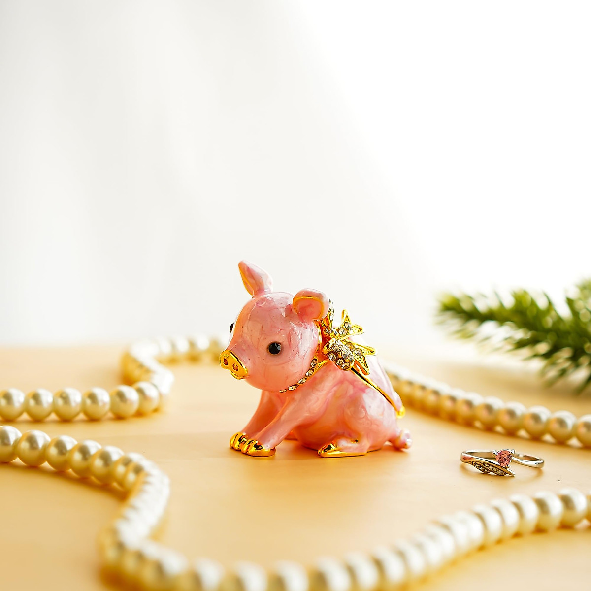 YU FENG Cute Piggy Jewelry Trinket Box Hinged Collectible Crystal Jeweled Pig Decor Animal Figurines