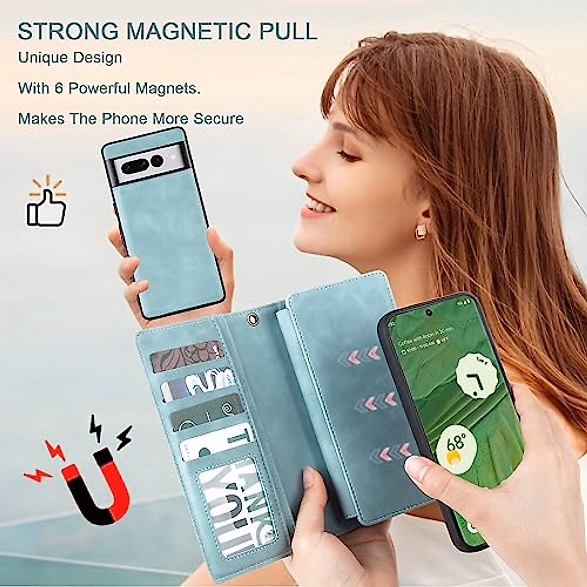 TwoHead for Google Pixel 7 Pro Wallet Case with Card Holder & Detachable Magnetic Phone Case,PU Leather Shockproof Protective Case with Wrist Strap(Blue)