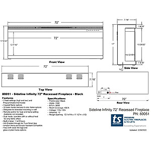 Touchstone Sideline Infinity 3-Sided Smart 72-inch WiFi-Enabled Electric Fireplace - 80051 - Built-in - 60 Color Combinations - 1500/750 Watt Heater (68-88°F Thermostat) - Black - Log & Crystals