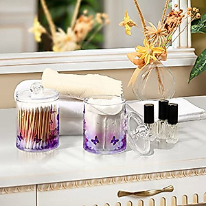 ALAZA 2 Pack Qtip Holder Dispenser Purple Butterflies Flowers Hydrangeas Iris Bathroom Organizer Canisters for Cotton Balls/Swabs/Pads/Floss,Plastic Apothecary Jars for Vanity