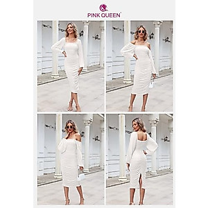 Pink Queen Women's 2024 Sexy Ruched Bodycon Dress Square Neck Puff Long Sleeve Mesh Cocktail Midi Dresses White XL
