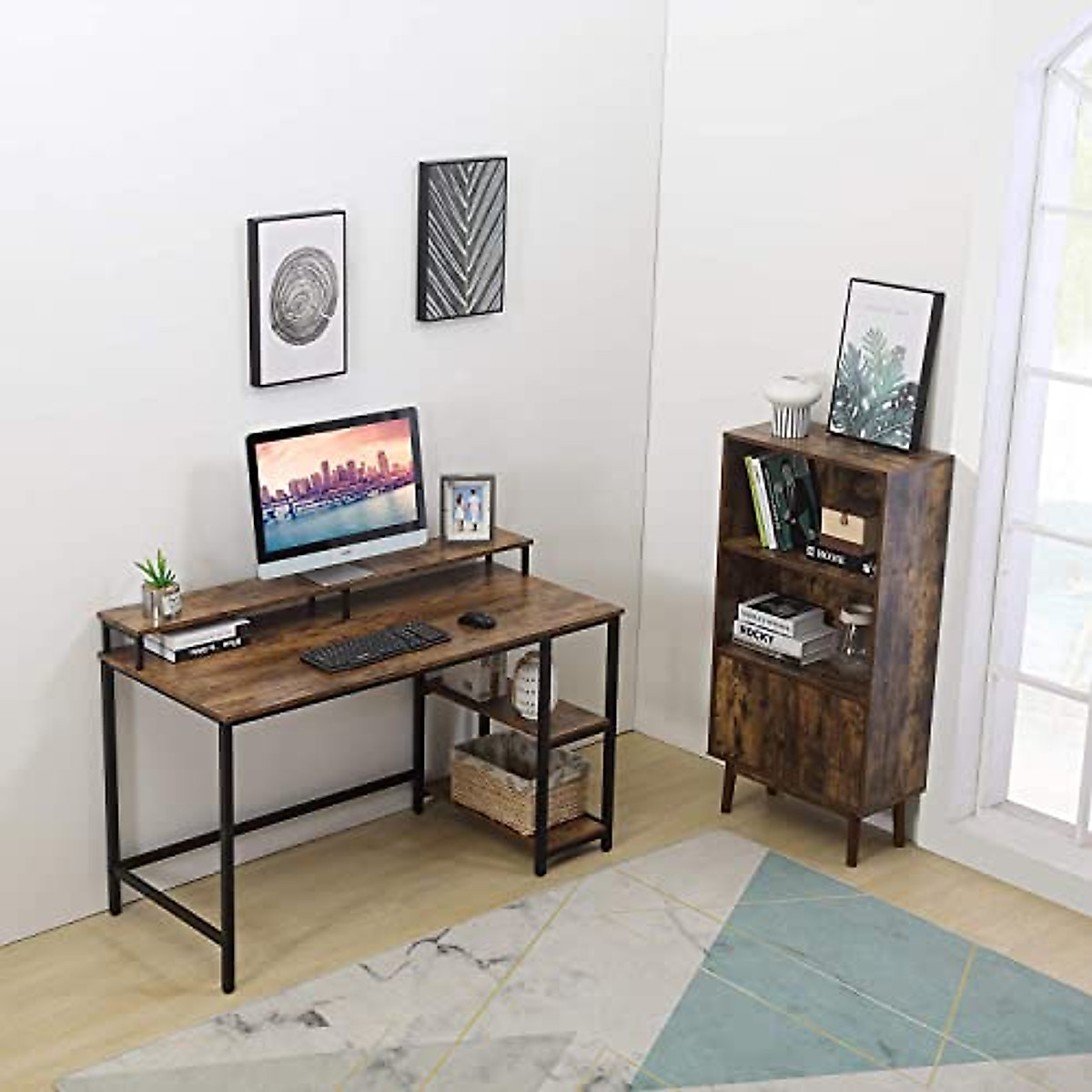 CADMIC 55 Inch Computer Desk Study Writing Table for Home Office, Rustic Style PC Student Desk Easy Assembly, Brown