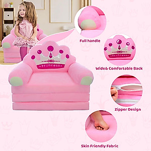 PLYFOU Kids Fold Out Couch, Couch for Toddlers 1-3, 2-in-1 Foldable Princess Chair for Toddlers, Mini Couch for Kids Reading and Napping, Idea for Girls, Pink